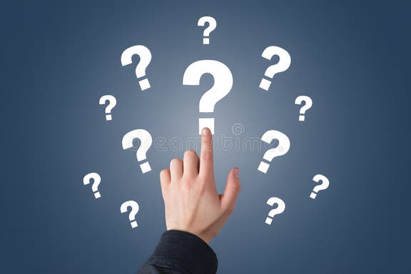 Hand Points at Central Question Mark Surrounded by Others, Blue ...