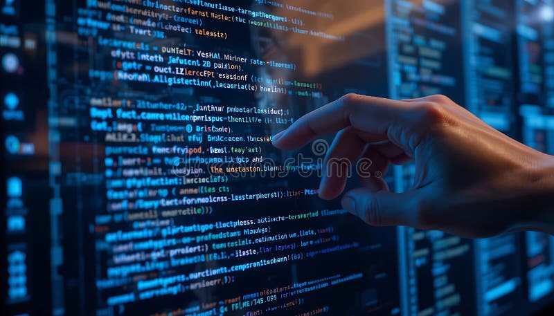Hand Pointing at Code on Screen Display for Software Development Stock Illustration ...