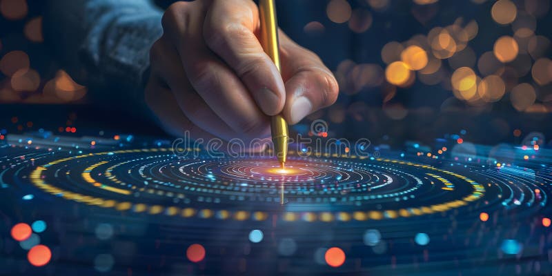 A Hand Points a Glowing Stylus at a Glowing Digital Circle Stock ...