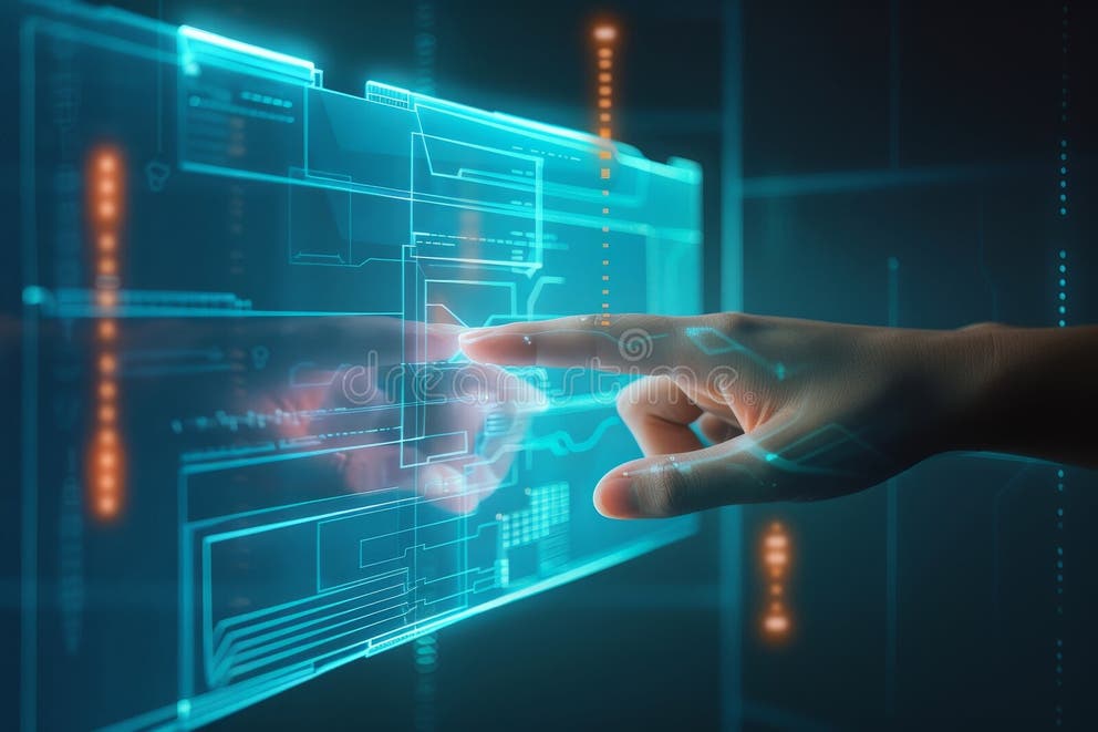 A Hand Points at a Holographic Interface in a Sleek, Modern Setting ...