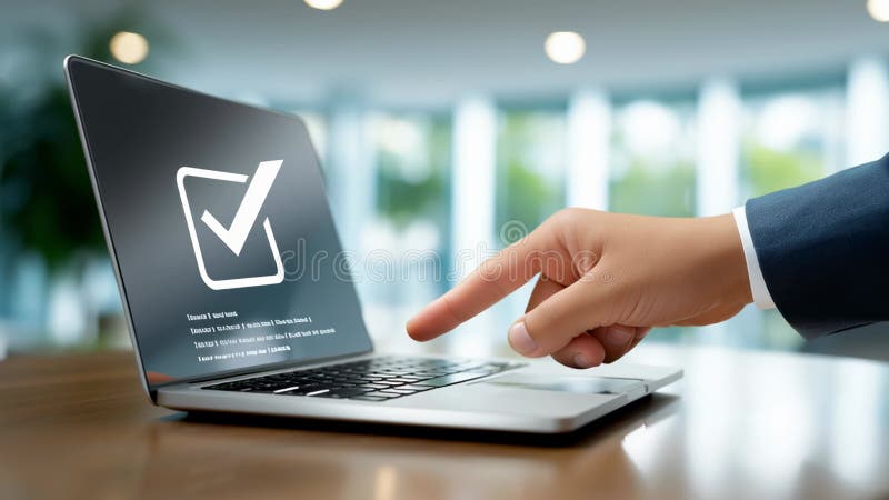 Hand Points at Laptop Screen Displaying Checkmark Symbol Indicating ...