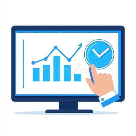 Hand Points To Computer Screen Showing Upward Graph and Checkmark ...