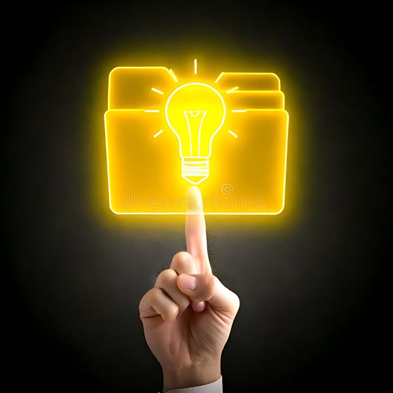 A Hand Points To a Glowing Folder with a Light Bulb Inside Stock ...