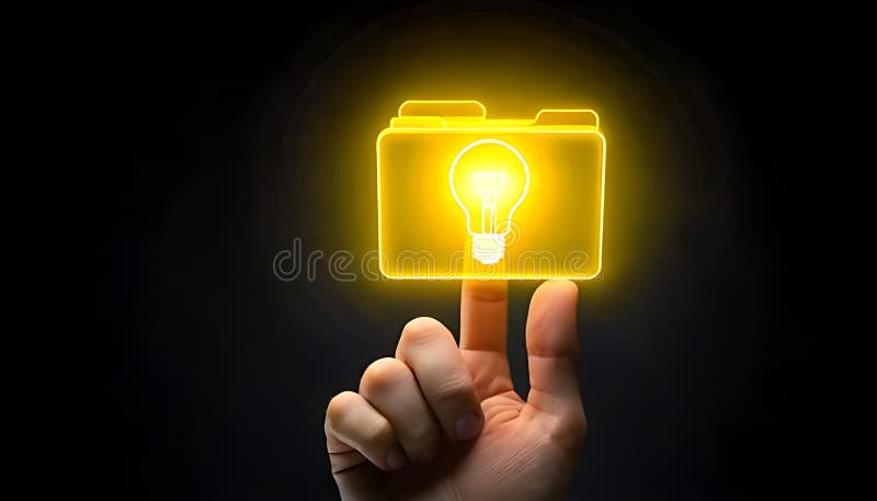 A Hand Points To a Glowing Folder with a Light Bulb Inside Stock ...