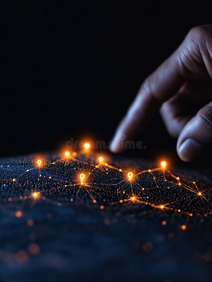 Hand Points To Glowing Map Locations on Digital Interface. Data Points ...