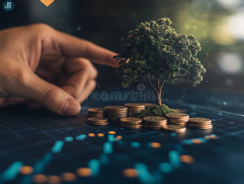 Hand Points To Growing Tree on Stack of Coins, Symbolizing Financial ...