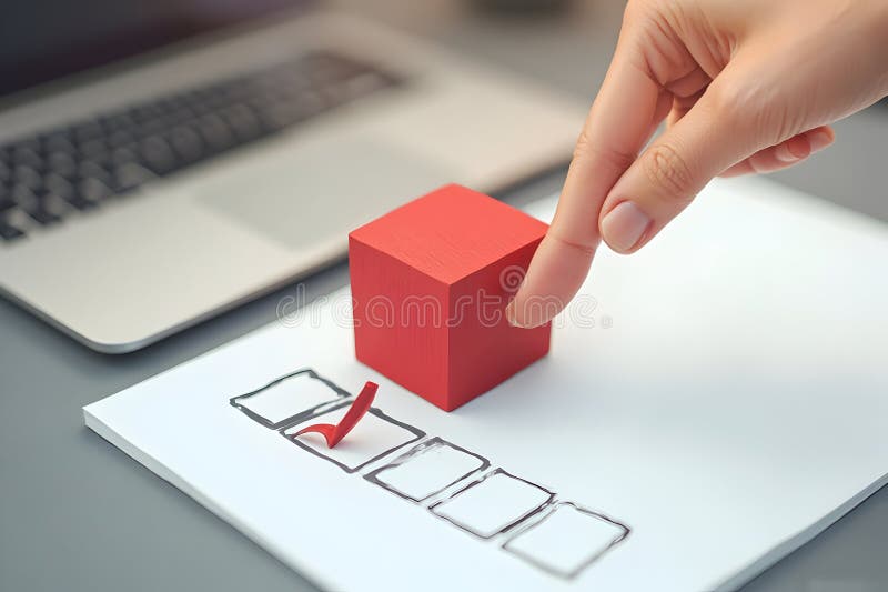 Completing Task with Red Check Mark and Cube, Finger Pointing Stock Photo - Image of cube ...