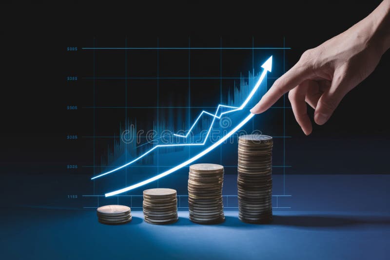 Hand Points To a Rising Blue Line Graph beside Increasing Coin Stacks ...