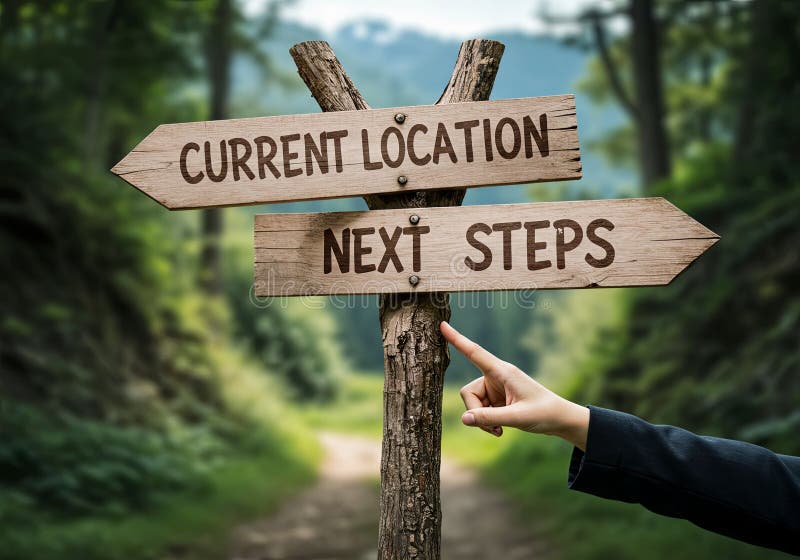 Hand Points To Rustic Signpost Next Steps on Forest Trail Stock ...