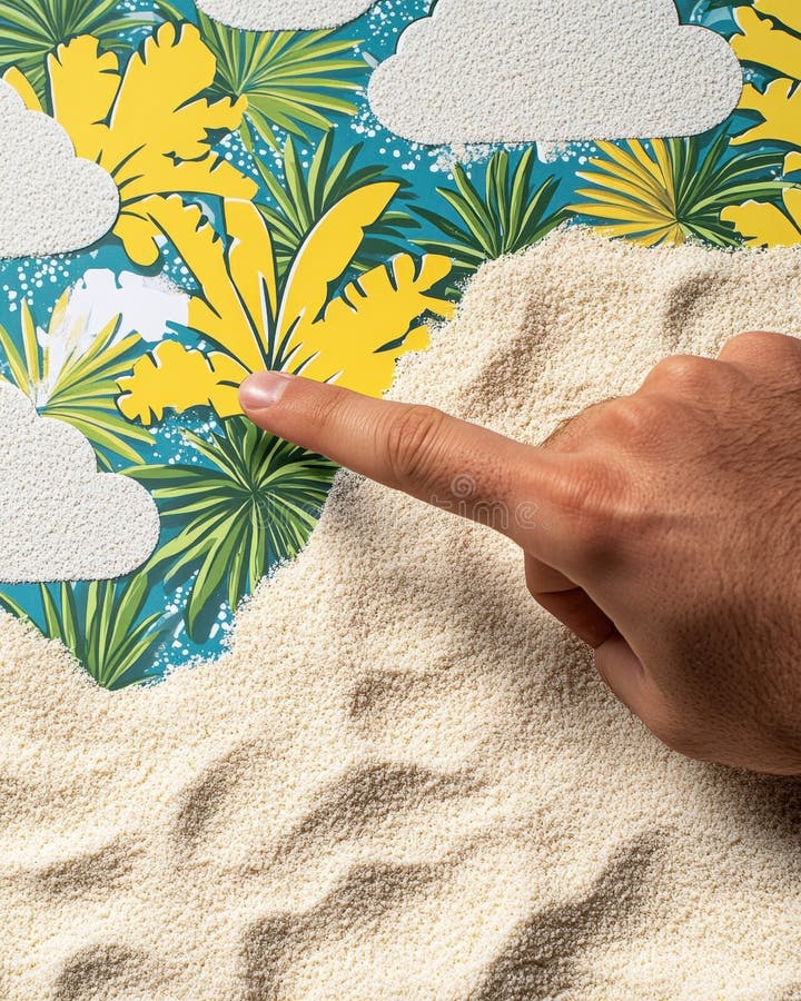 Hand Points To Sand Over Tropical Print Stock Photo - Image of exotic ...