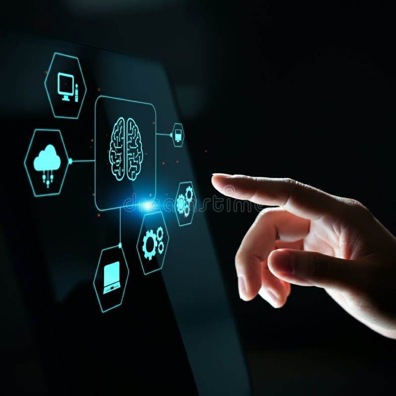 Hand Pointing Towards Technology Icons on a Screen Stock Illustration ...