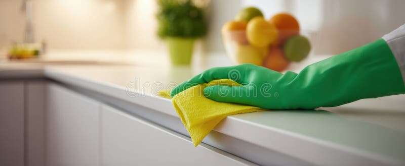 The Hand Polishing a Clean Kitchen Countertop with a Yellow Cloth. AI ...