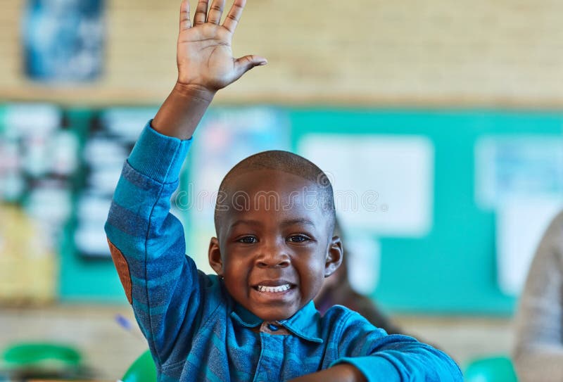 Hand, Portrait and Question with Boy Student in Class at School for ...