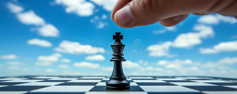 Hand Positioning a Black King Chess Piece on a Chessboard Under a Blue ...