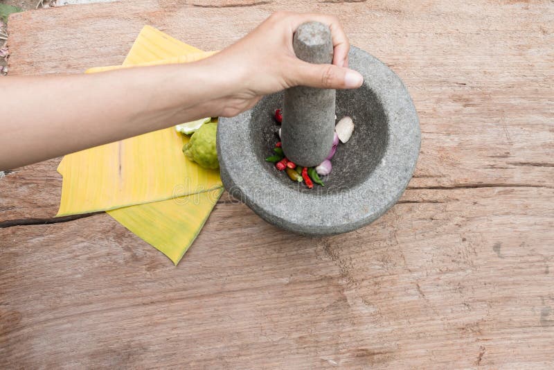 Hand Pounding Herbs on a Traditional Pounder Stock Photo - Image of ...