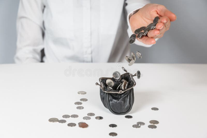 Hand Pour Coins Falling Out in Wallet Stock Photo - Image of business ...