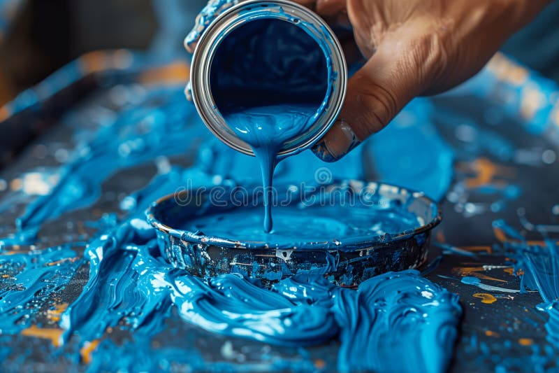 Hand Pouring Blue Paint into a Container Stock Photo - Image of ...