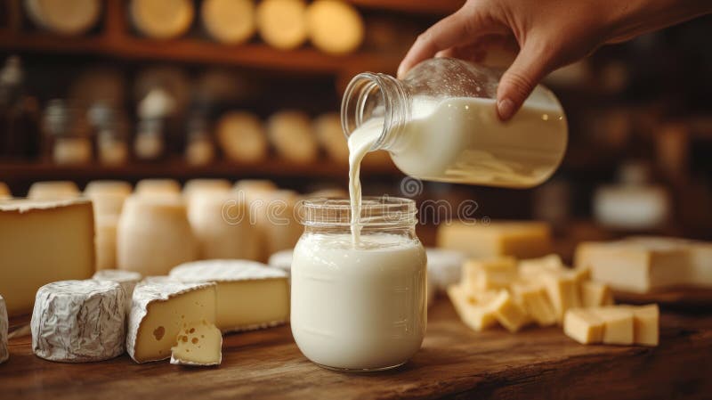 Hand Pouring Fresh Milk into Jar in Rustic Kitchen Setting. Stock Photo ...
