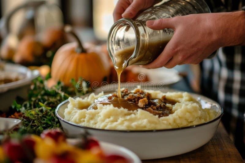 Hand Pouring Gravy Over Mashed Potatoes and Stuffing Stock Illustration ...