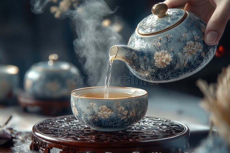 Pouring Hot Tea from Teapot into Cup with Steam Stock Image - Image of ...