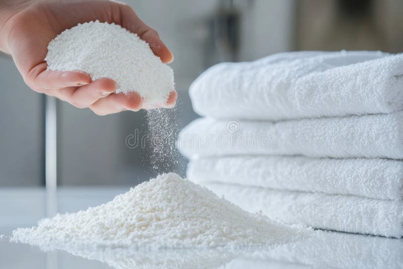 Hand Pouring Laundry Detergent Powder on a Surface Next To a Neat Stack ...