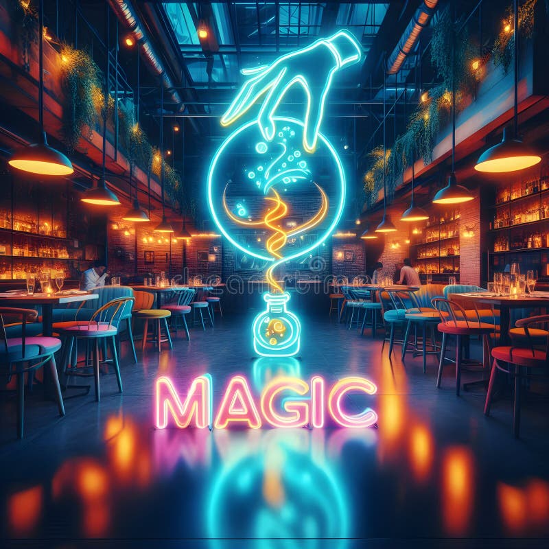 Hand Pouring Magic Potion into Neon Sign in a Trendy Restaurant Stock ...