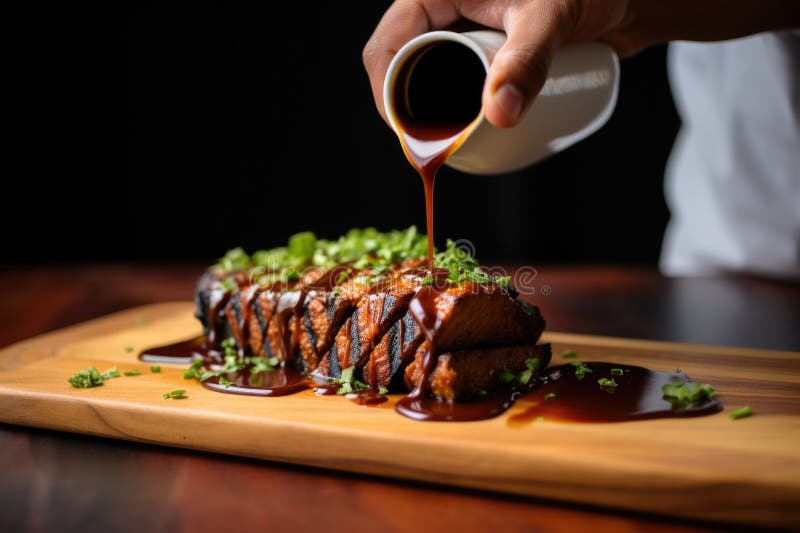 Hand Pouring Sauce Over a Grilled Seitan Steak Stock Illustration ...