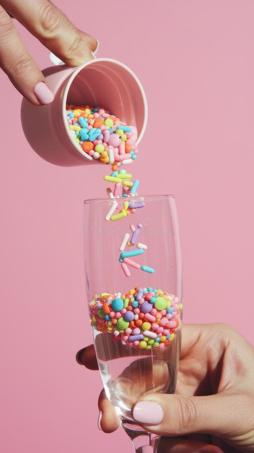 Hand Pouring Sprinkles into Sparkling Water in a Clear Glass Cup Stock ...