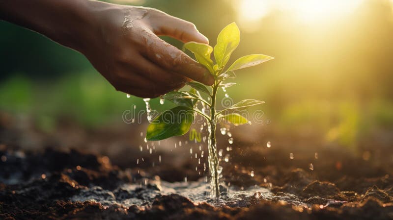 Hand Pouring Water into a Garden Bed from a Spout Dug into the Soil, AI ...