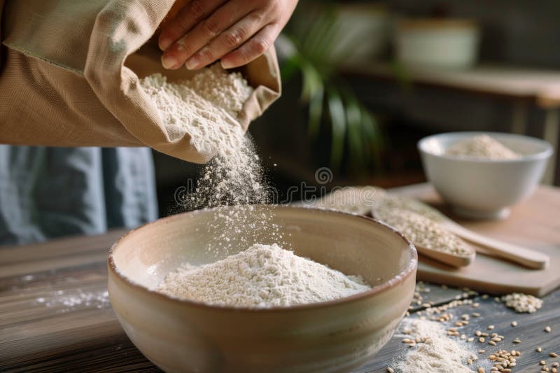 Hand Pouring Whole Grain Flour from a Bag into a Bowl Stock Image ...