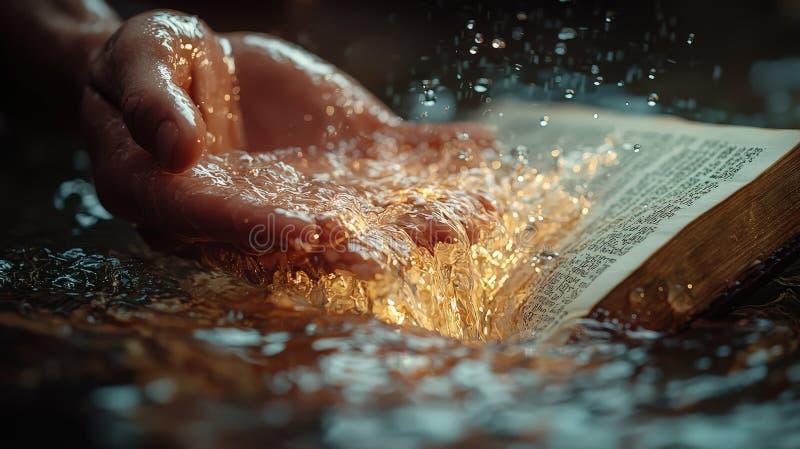 Hand Pouring Water Onto Open Book with Dramatic Lighting Stock Image ...
