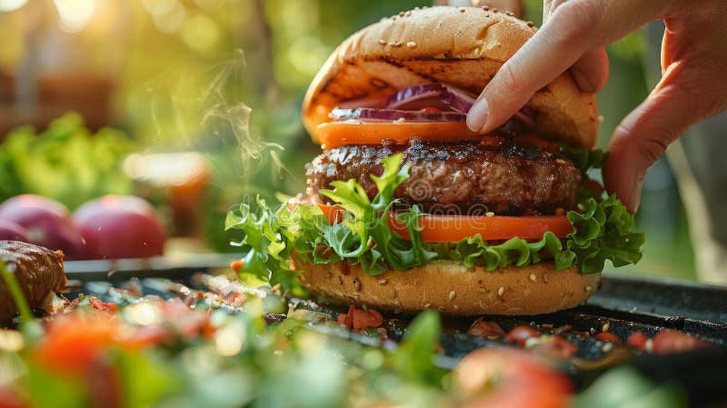 Hand Preparing Burger on Grill Stock Photo - Image of lunch, grilling ...