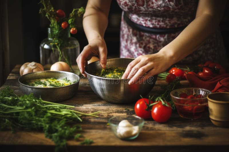 Hand Preparing the Dip in a Rustic Farmhouse-style Kitchen Stock Image ...
