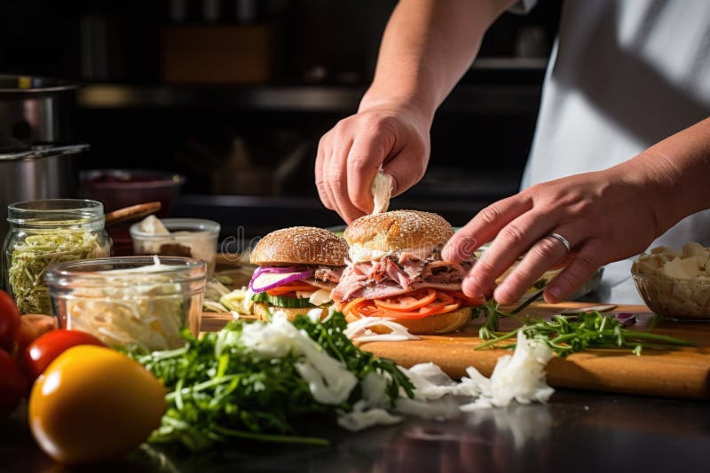 Hand Preparing a Gourmet Burger with Various Toppings Stock Photo ...