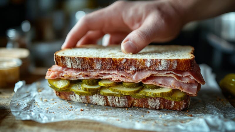 Hand Preparing a Ham and Pickle Sandwich on Rustic Bread. Stock Photo ...