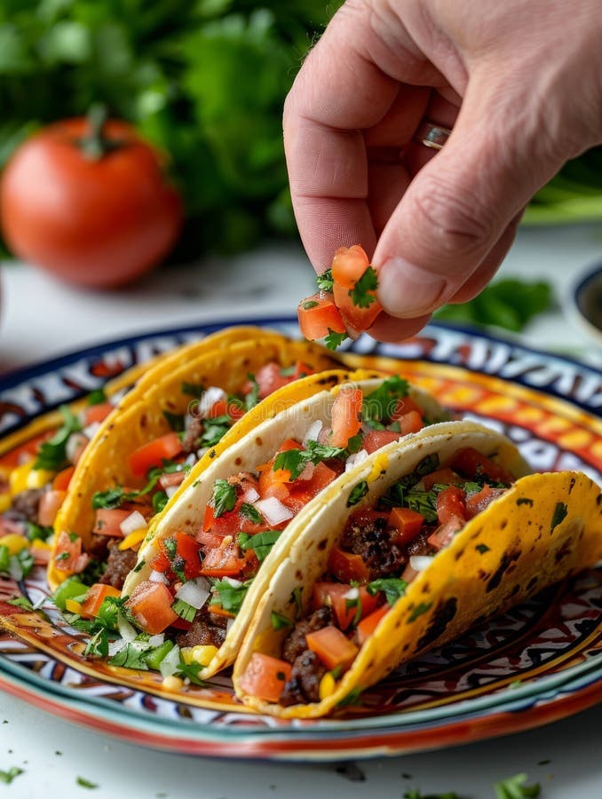 Hand Preparing Tacos with Salsa and Fresh Ingredients. Stock Image ...