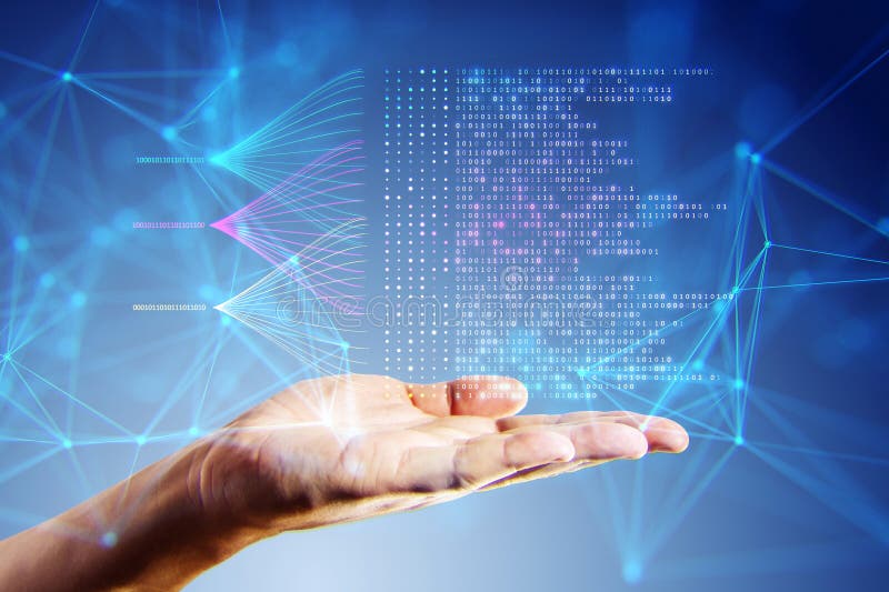 A Hand Presenting Digital Binary Code and Network Connections, with a ...