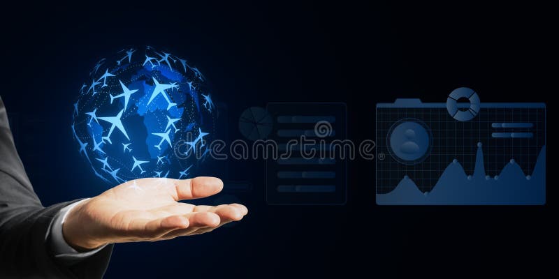 Hand Presenting Digital Flight Booking Interface with World Map and ...