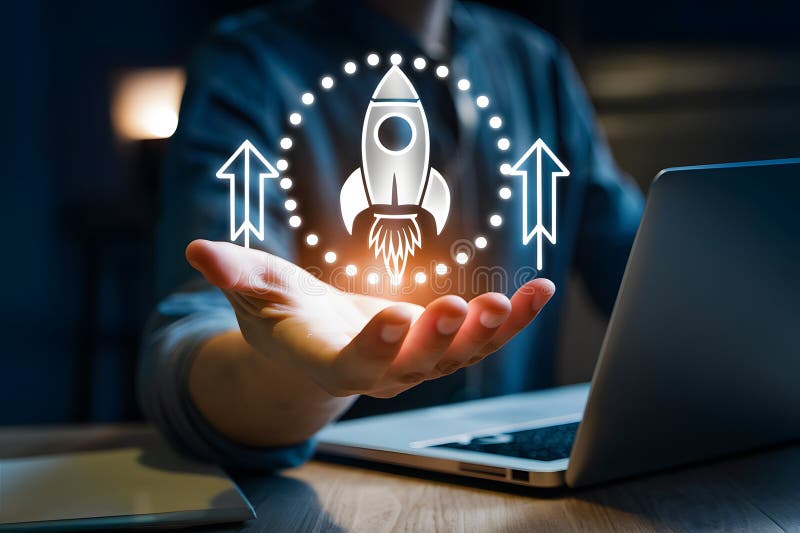 Hand Presenting Digital Rocket with Glowing Dots and Arrows in Dimly ...