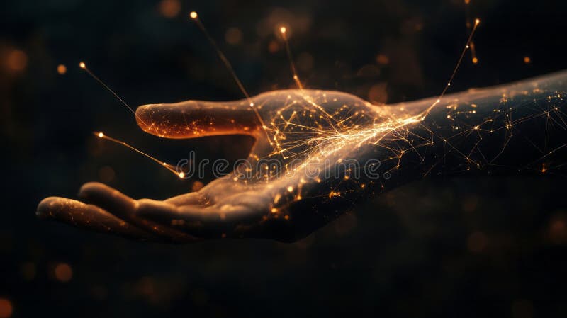 Hand is Presenting a Global Digital Yellow Community Graphic Grid Stock ...