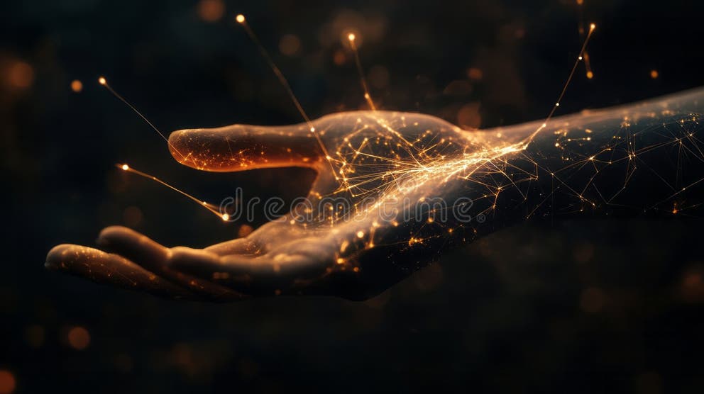 Hand is Presenting a Global Digital Yellow Community Graphic Grid Stock ...