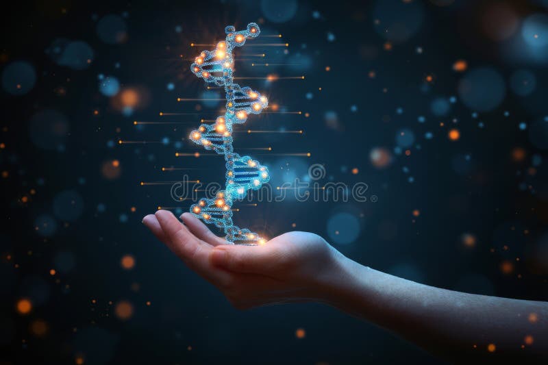 Hand Presenting a Glowing DNA Helix in a Dark, High Tech Environment ...