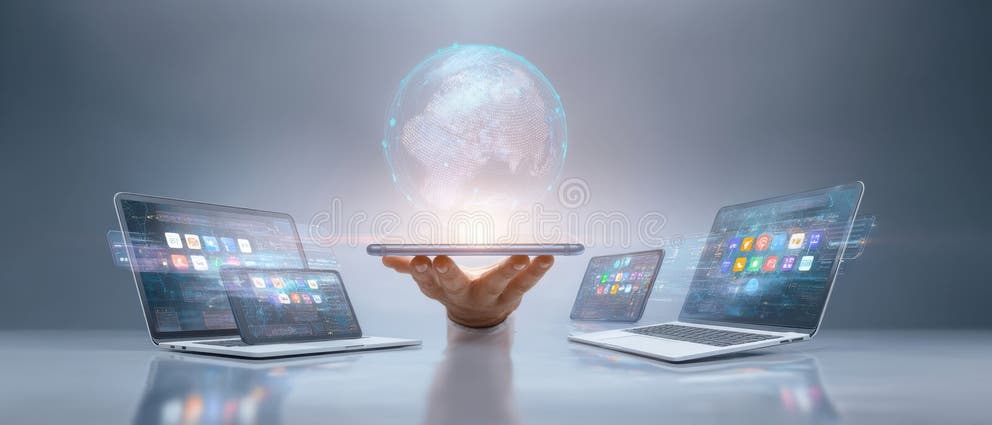 The Hand Presenting a Glowing Globe Amidst Modern Computers and Devices ...