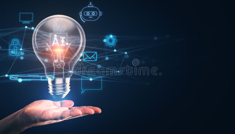 Hand Presenting a Glowing Lightbulb with AI Symbol and Digital Network ...