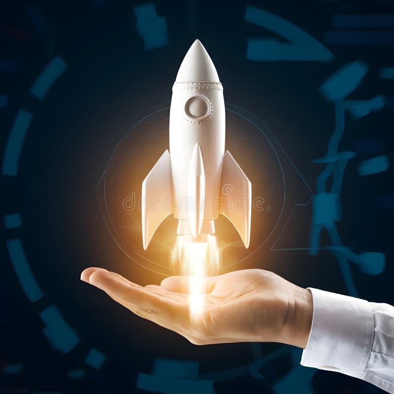 Hand Presenting Glowing Rocket in Launch Phase Against Dark Blue ...