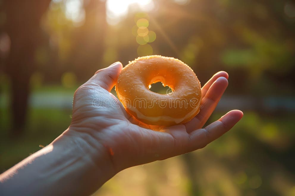 Hand Presenting a Golden Donut Like a Ring, Sunlight Backdrop Stock ...