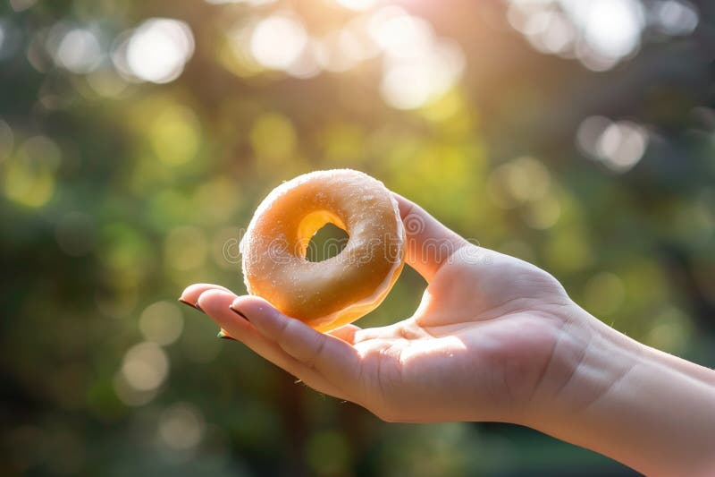 Hand Presenting a Golden Donut Like a Ring, Sunlight Backdrop Stock ...