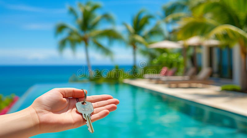 Hand Presenting Keys with a Luxury Pool Villa and Tropical Ocean View ...