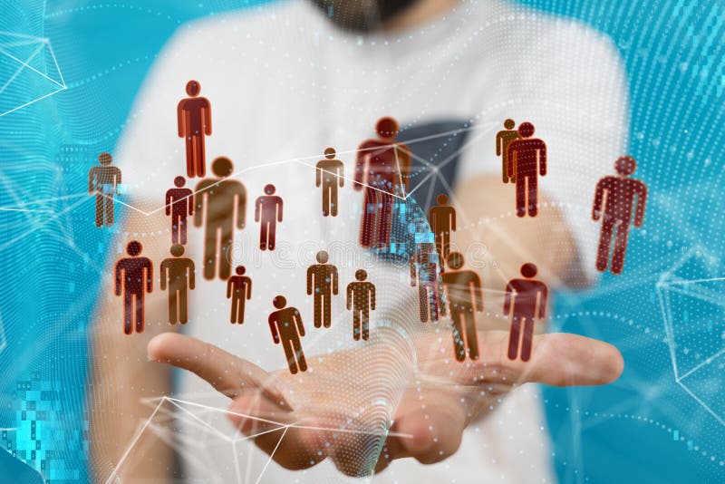 Hand Presenting a Network with Brown Male Icons - Communication Concept ...