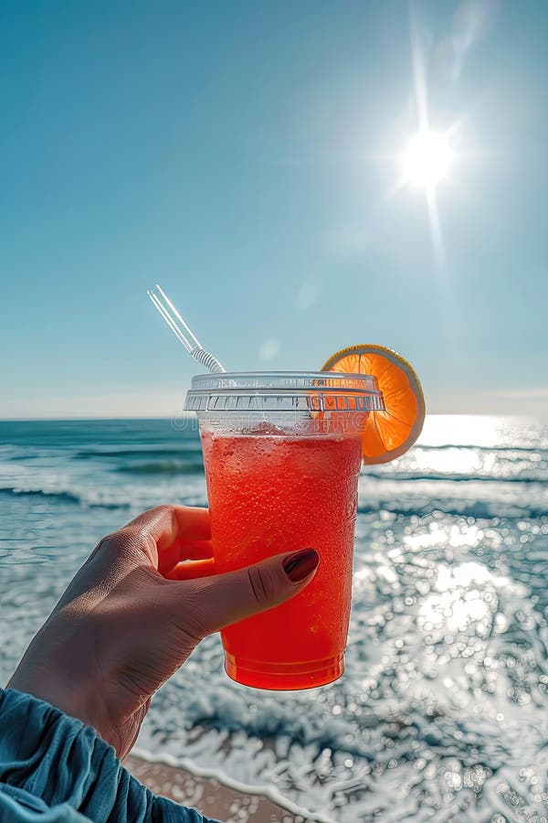 A Hand Presenting a Refreshing Red Slushie Against the Ocean Waves ...